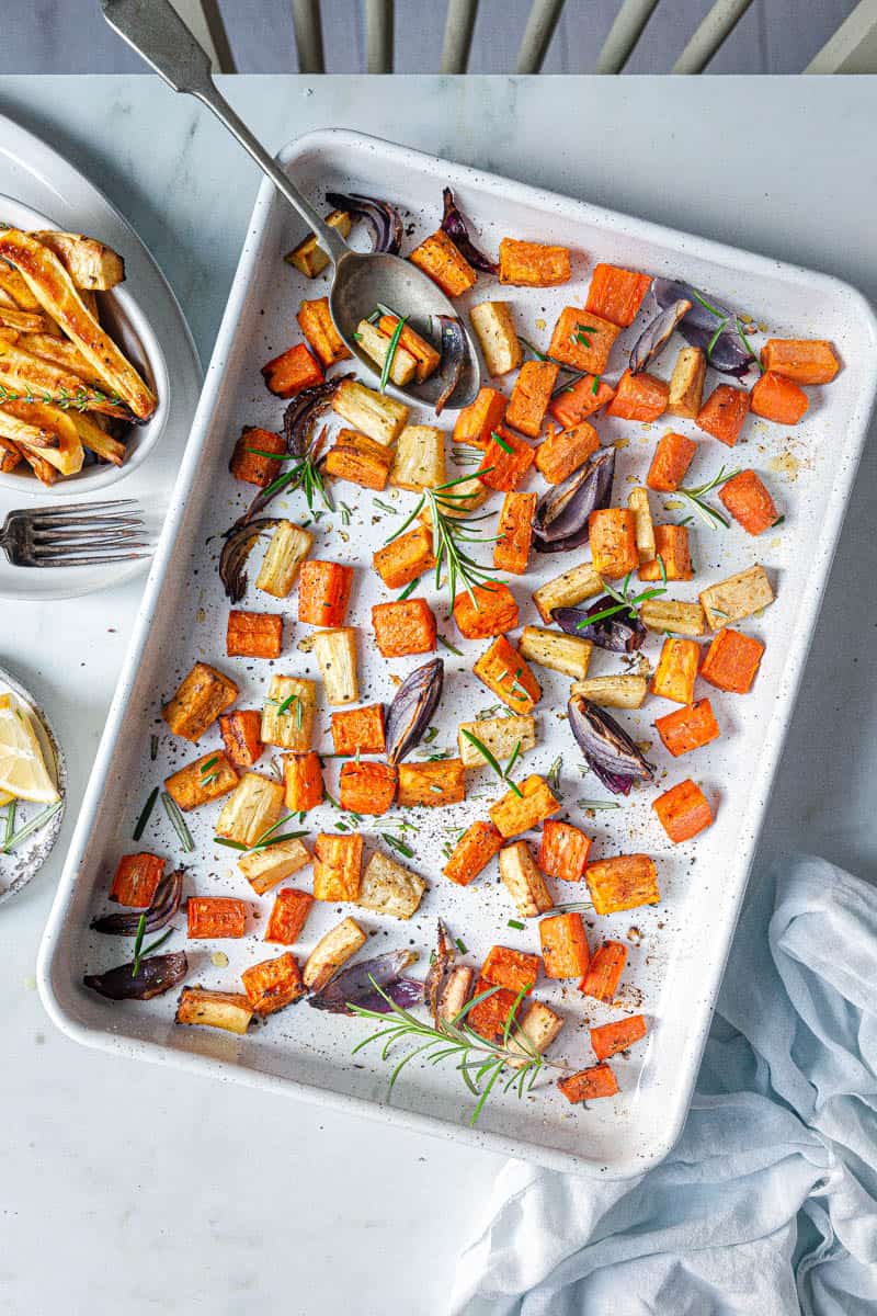 Roasted Winter root vegetables traybake (Vegan) - Sandhya's Kitchen