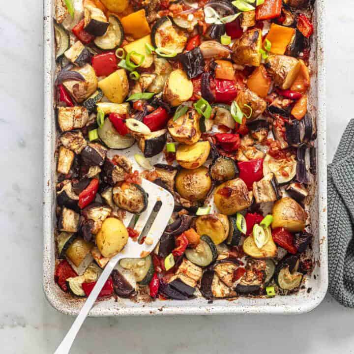 Roasted Summer Vegetable Tray Bake - Sandhya's Kitchen