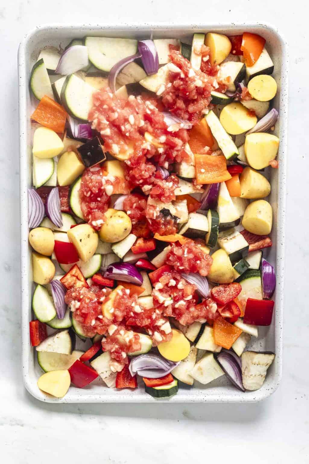 Roasted Summer Vegetable Tray Bake - Sandhya's Kitchen