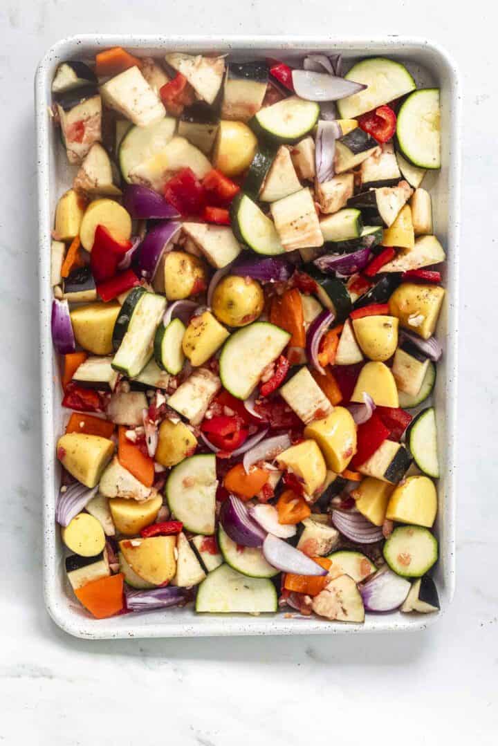 Roasted Summer Vegetable Tray Bake - Sandhya's Kitchen