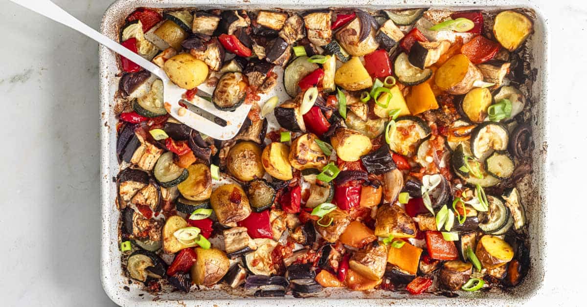 Roasted Summer Vegetable Tray Bake - Sandhya's Kitchen